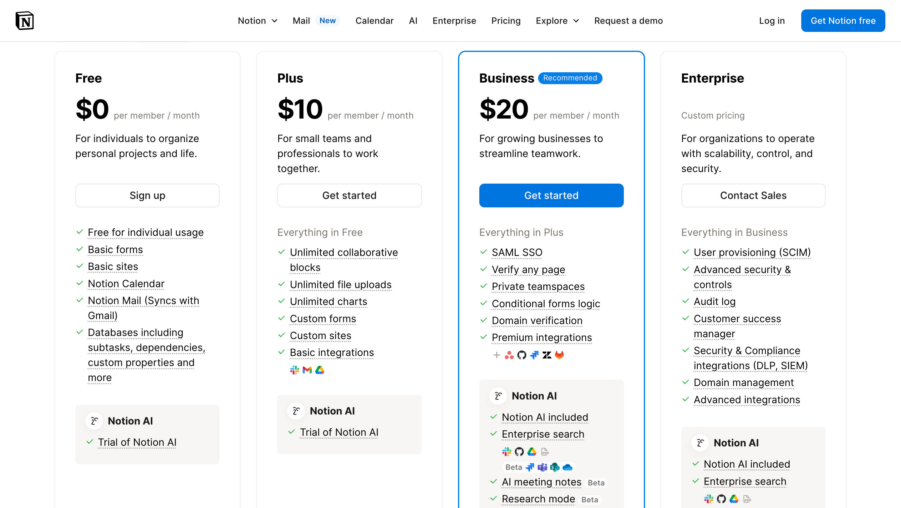 Notion Pricing Plans (2025): Free vs Plus vs Business vs Enterprise