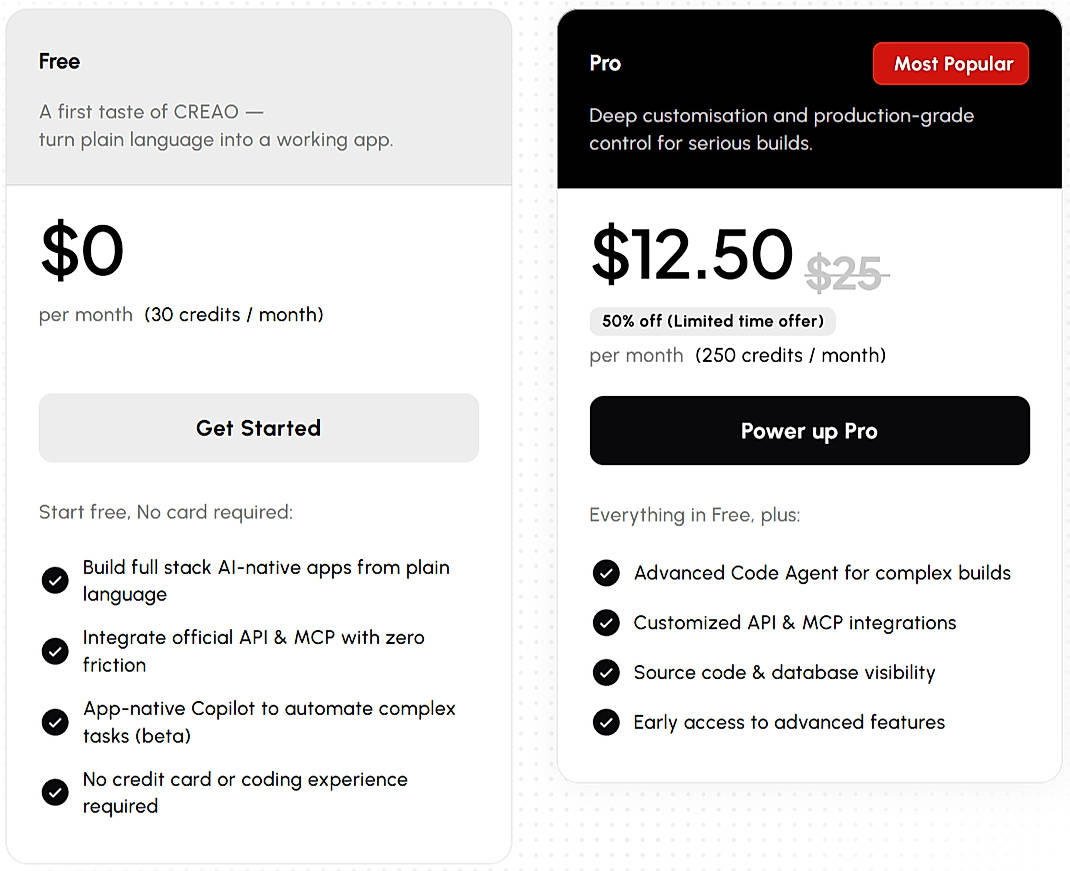 Creao - Features & Pricing (January 2026)