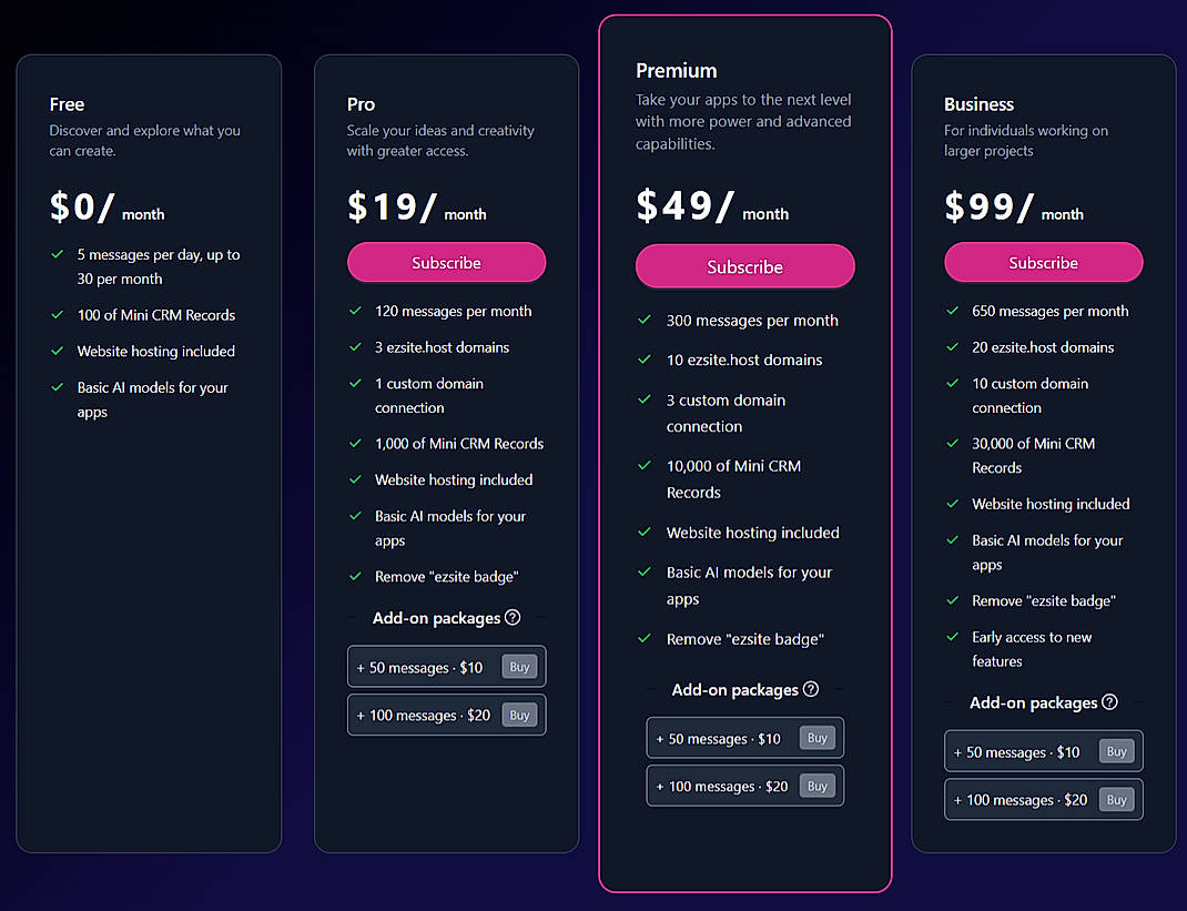 ezsite Pricing: Cost and Pricing plans