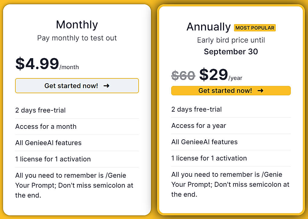 GenieeAI - Features & Pricing (December 2025)