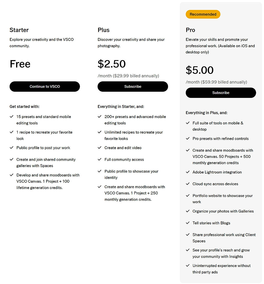 VSCO - Features & Pricing (May 2026)