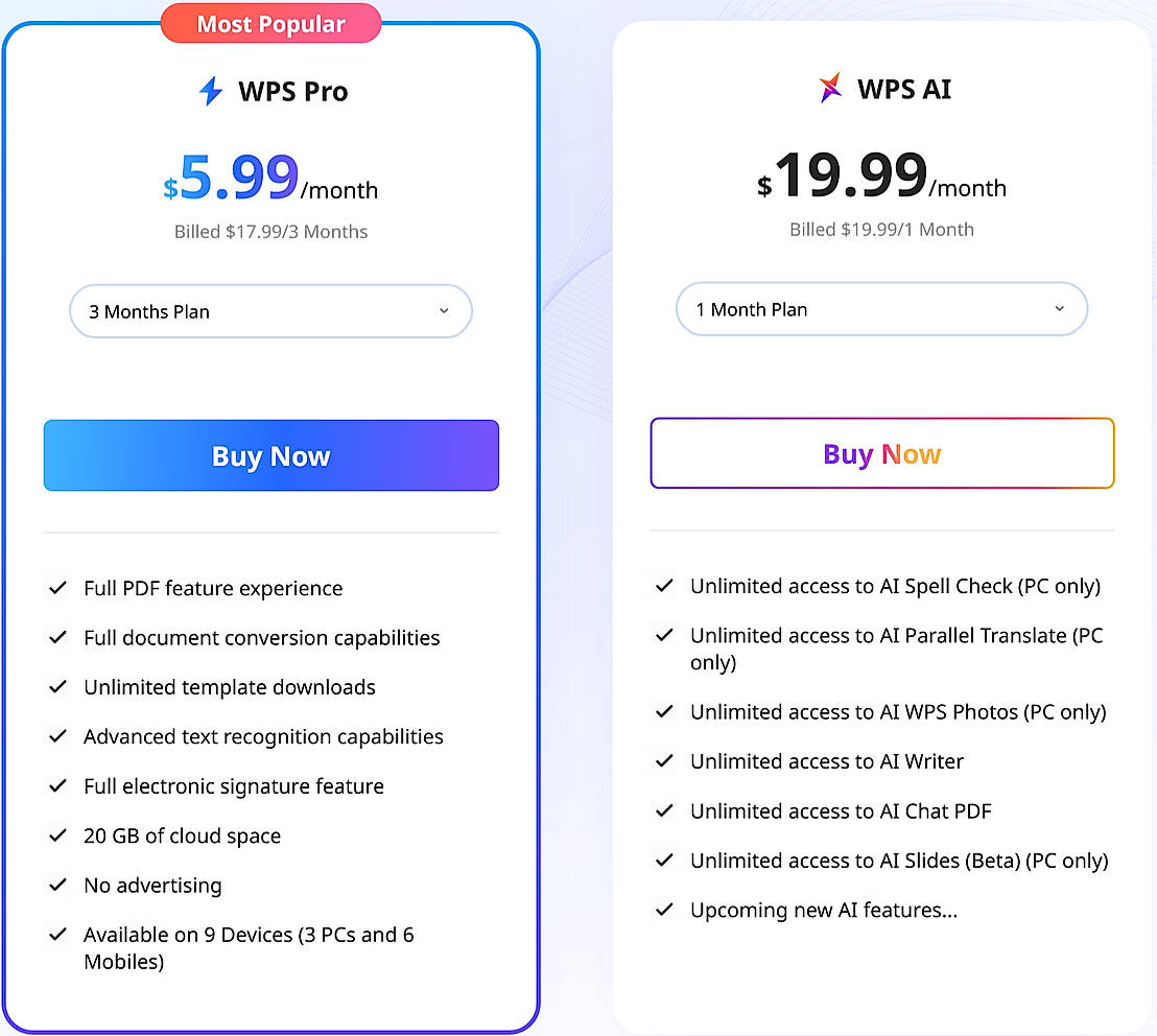 WPS Office Pricing: Cost and Pricing plans