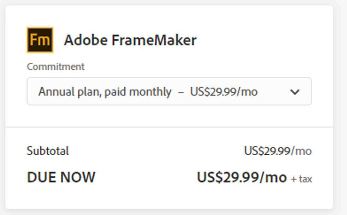 Adobe FrameMaker Pricing: Cost and Pricing plans