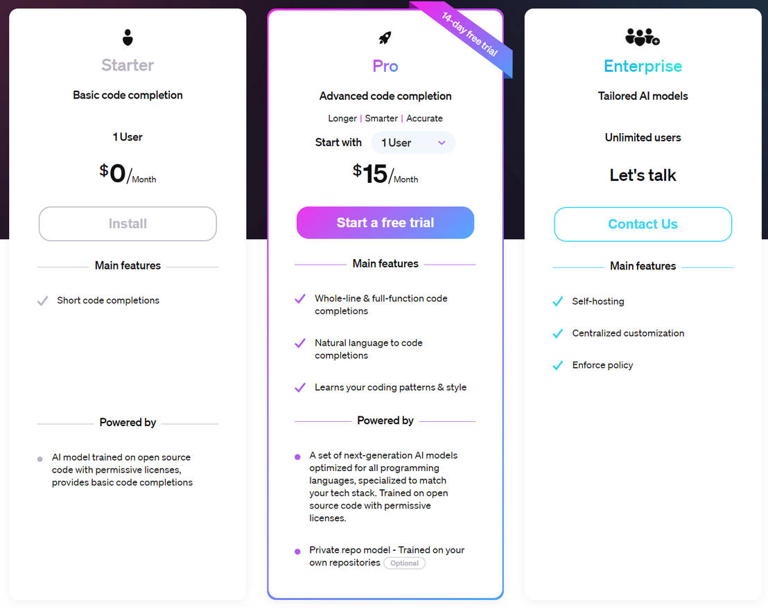 Tabnine Pricing: Cost and Pricing plans