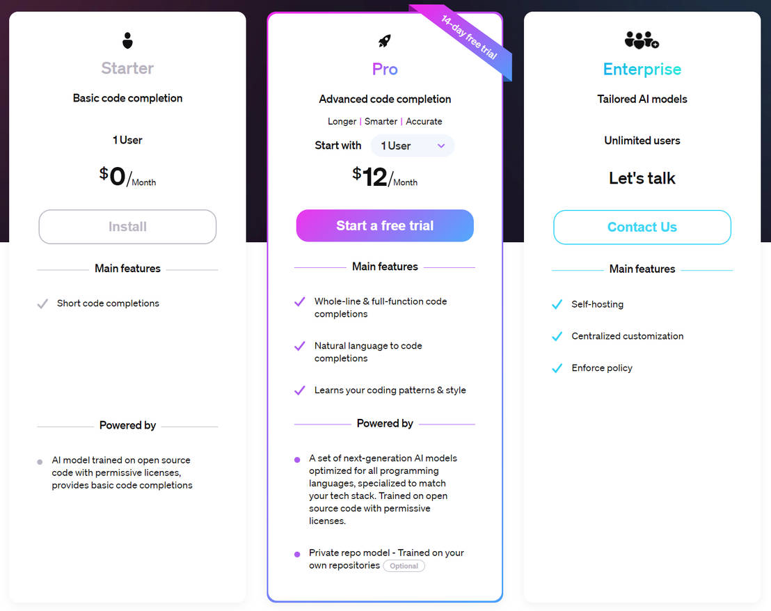 Tabnine Pricing: Cost and Pricing plans